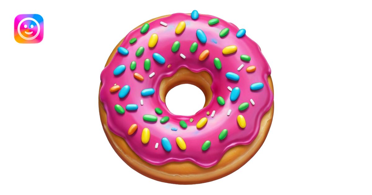 colorful glazed donut with pink icing and rainbow sprinkles, fun emoji ...