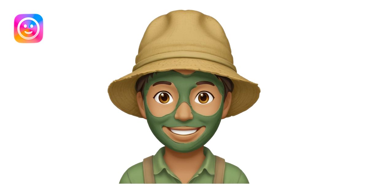 messy green full face clay mask and tourist hat emoji | AI Emoji Generator