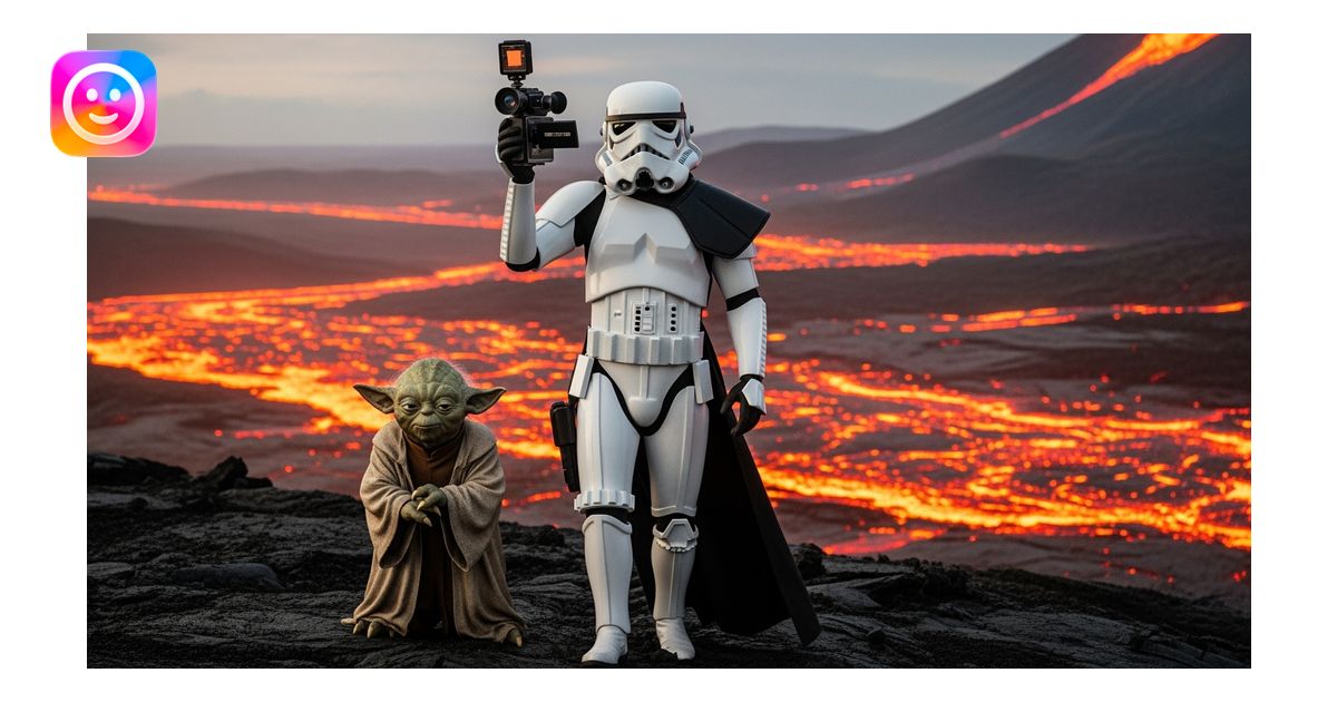 Cinematic still, Starwars stormtroopers vlogging holding camera, he is ...