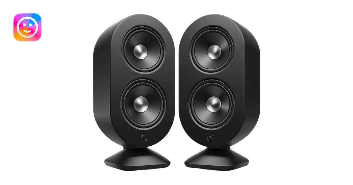 pair of big speakers emoji, deep matte black metal body, circular ...