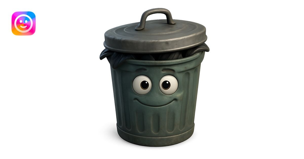 Draw a Pixar-style trash can. The trash can should be visible from the ...