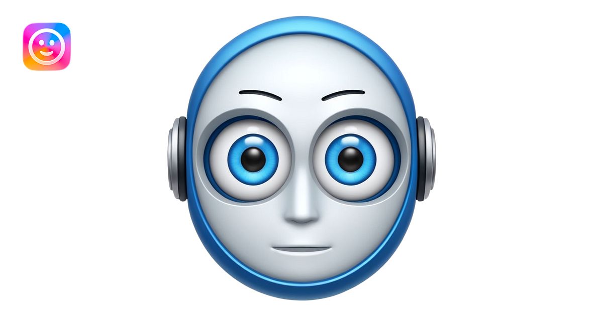 “Um robô branco e azul, com olhos digitais grandes, jeito atrapalhado e ...