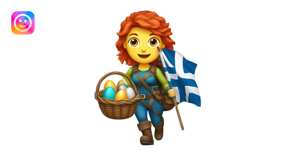 red hair female winter mountaineer climbing with Easter eggsbasket and ...