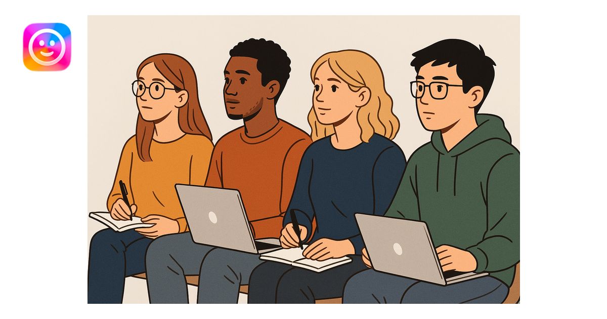 four attentive students sitting and following a university course, diverse group, with notebooks ...