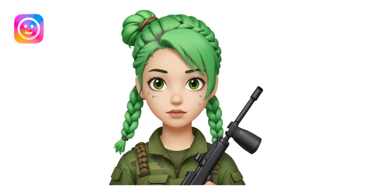 paintball player face girl braided green hair emoji | AI Emoji Generator