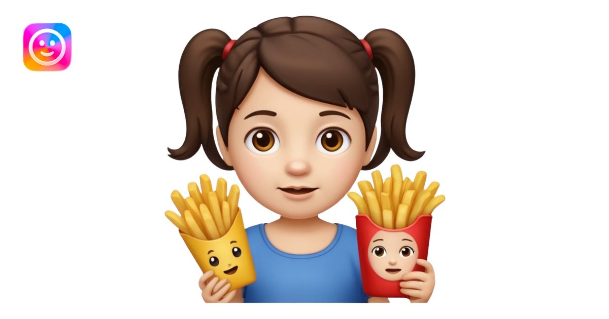 Toddler emoji with two pigtails dark brown hair, fair skin, holding ...