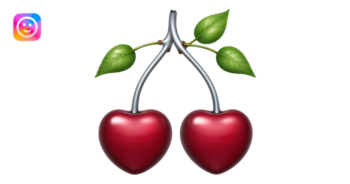 A pair of cherries emoji made of liquid silver chrome, smooth rounded ...