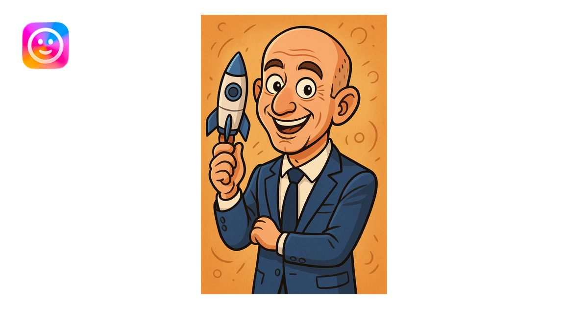 cartoon style portrait of Jeff Bezos, smiling, blue suit, holding a ...