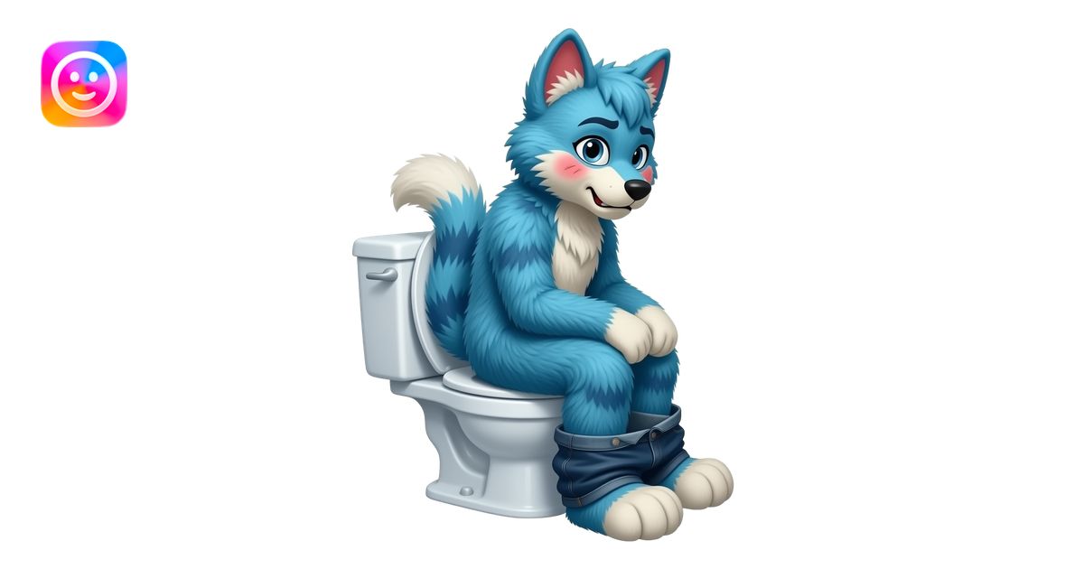 blue fursuit sitting on toilet, side view, pants down, straining red ...