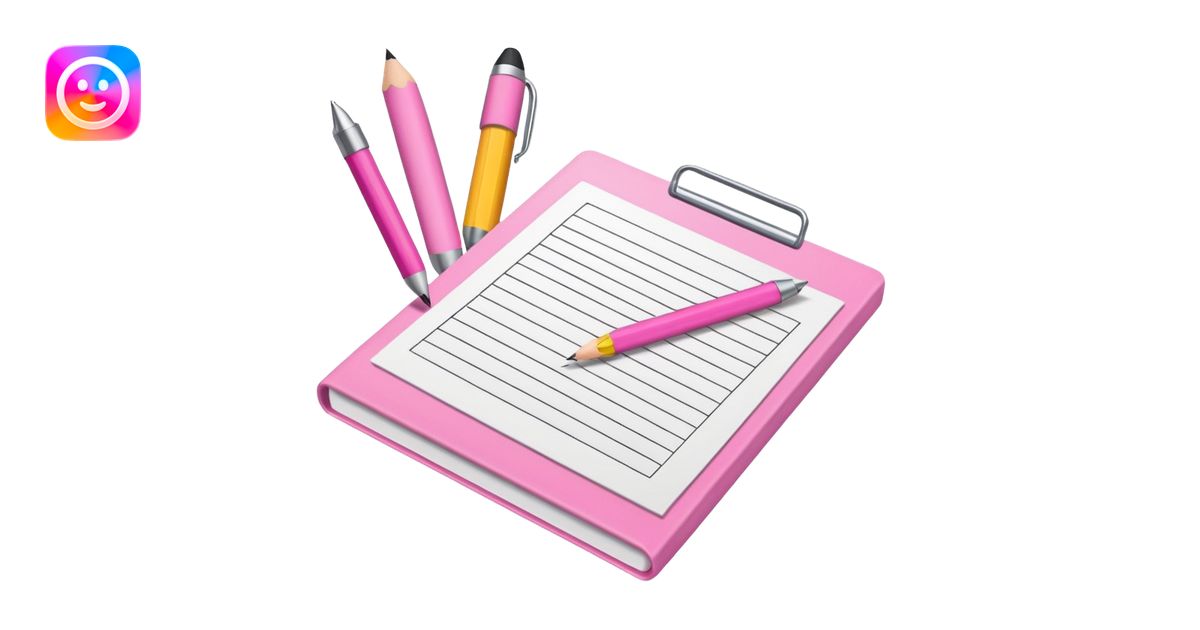 create a pink exam paper with pens and stuff emoji | AI Emoji Generator