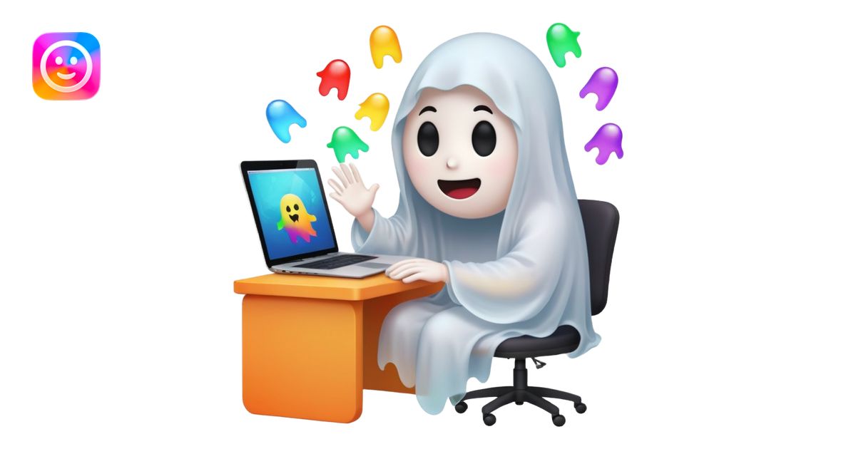 A cute ghost sits in front of a desk and is designing it with a laptop ...