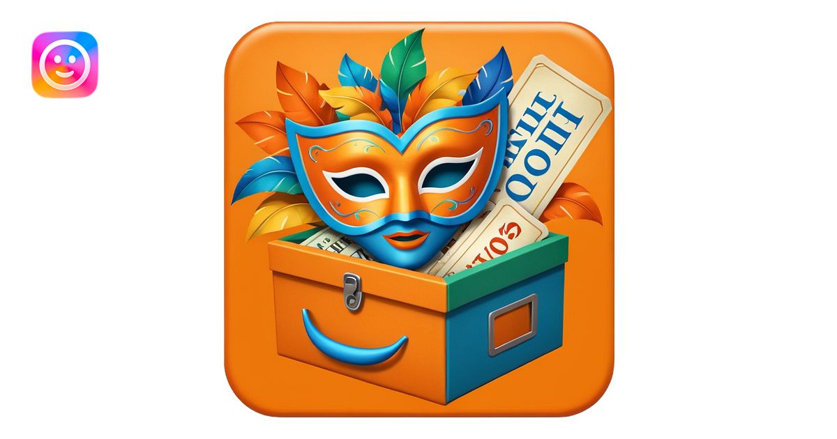 a box and a carnival mask in orange, blue and green with tickets as a ...