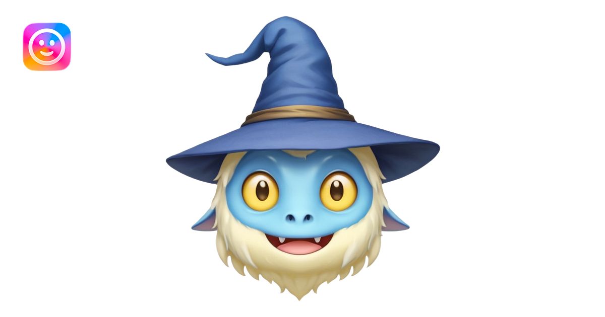 cute monster with white body, yellow tail, wearing blue sky witch hat ...