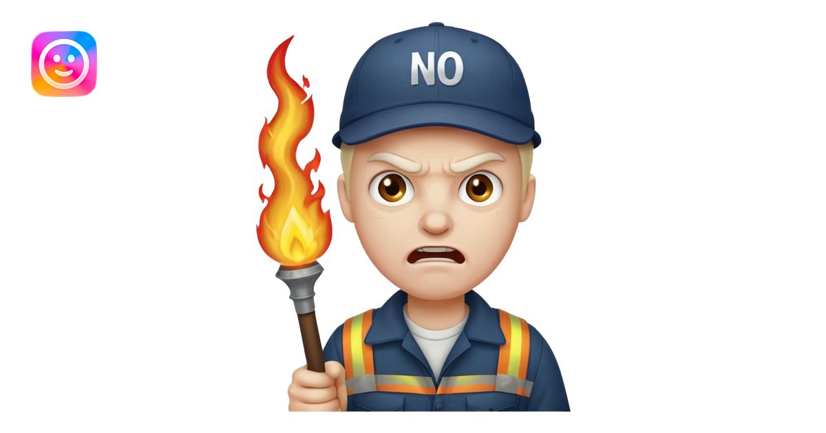 Angry man with a torch and a pitchfork and a cap that says "no blathy ...
