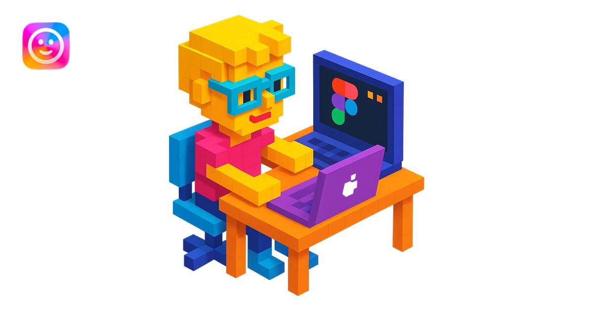 voxel style designer at desk with MacBook and Figma app open 3D ...