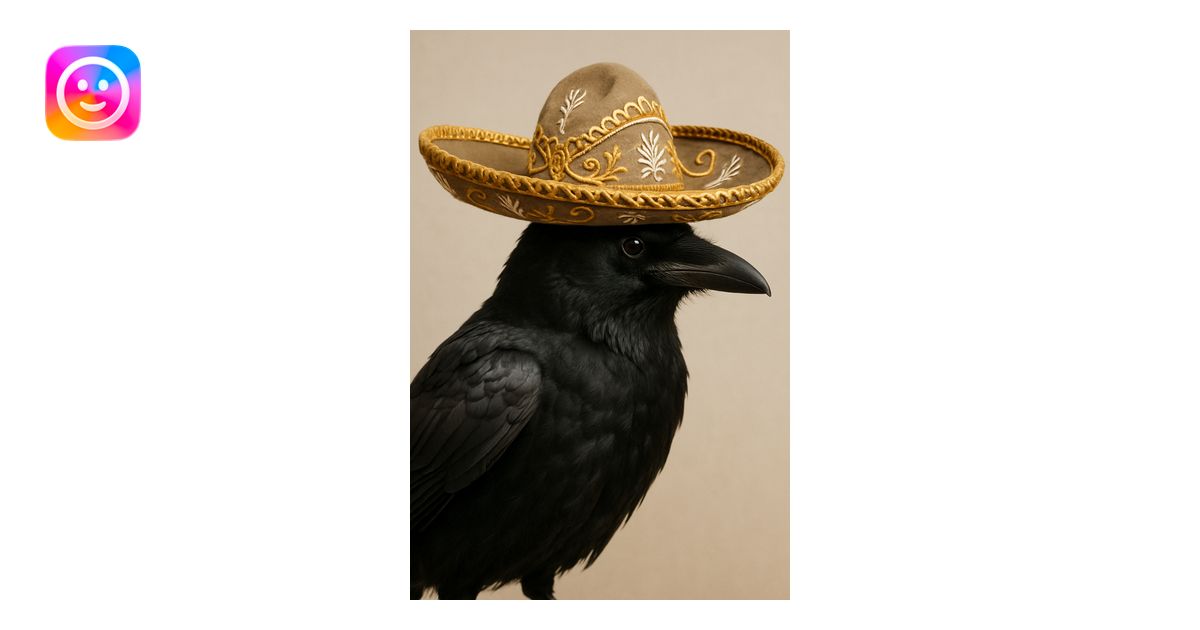 a realistic black crow with a traditional mariachi hat, detailed and ...