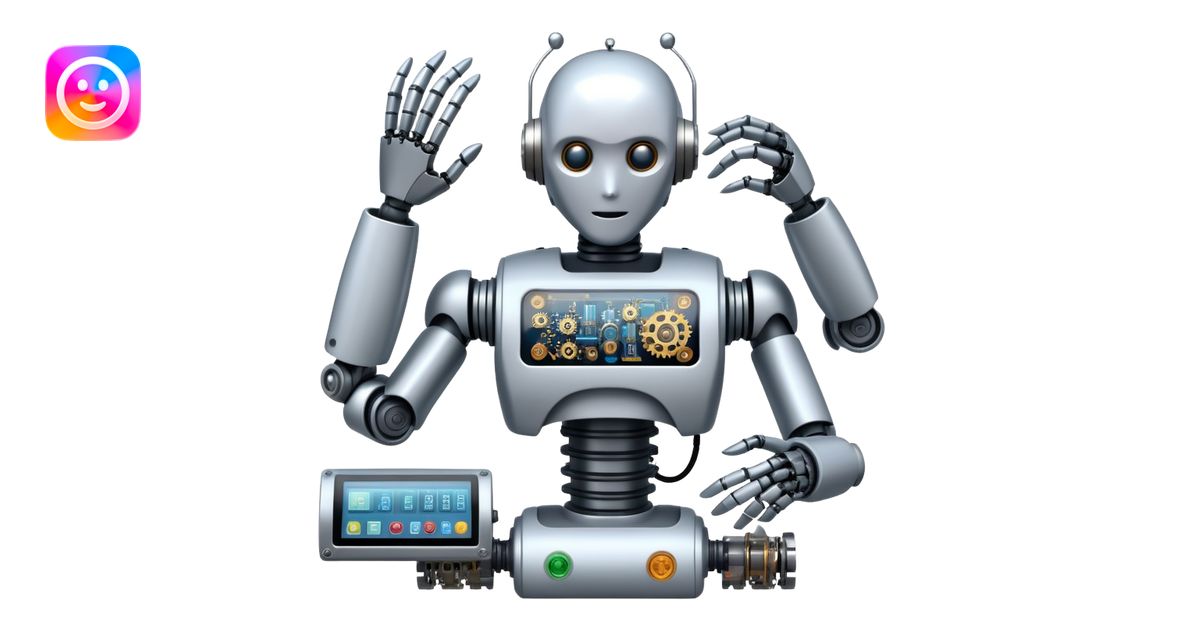 An icon featuring a humanoid robot assembling parts with robotic arms ...