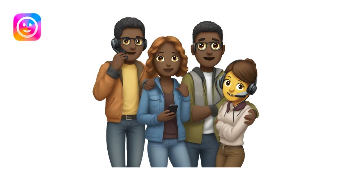 A group of 5 humans cuddling withcasual cloths, having headsets on and ...