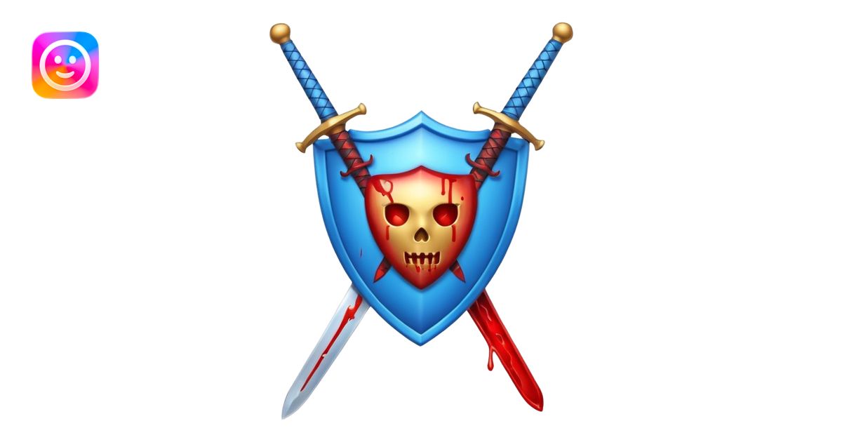 shiny vibrant blue shield with a vertical sword behind it, blood effect ...