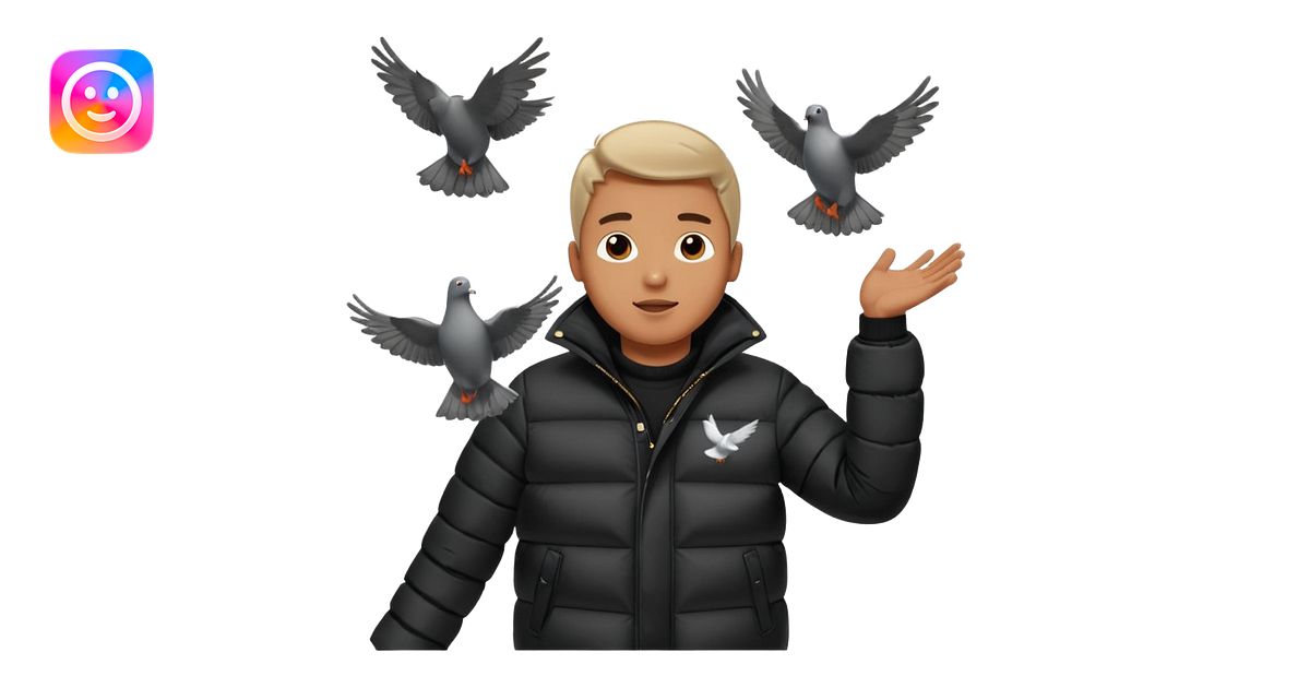 puffer shiny black jacket man open arms looking at a flying pigeon ...