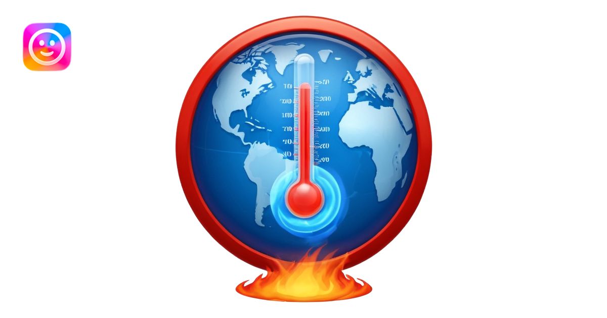 Blue Earth sphere, tilted. Prominent, oversized, fiery red thermometer ...