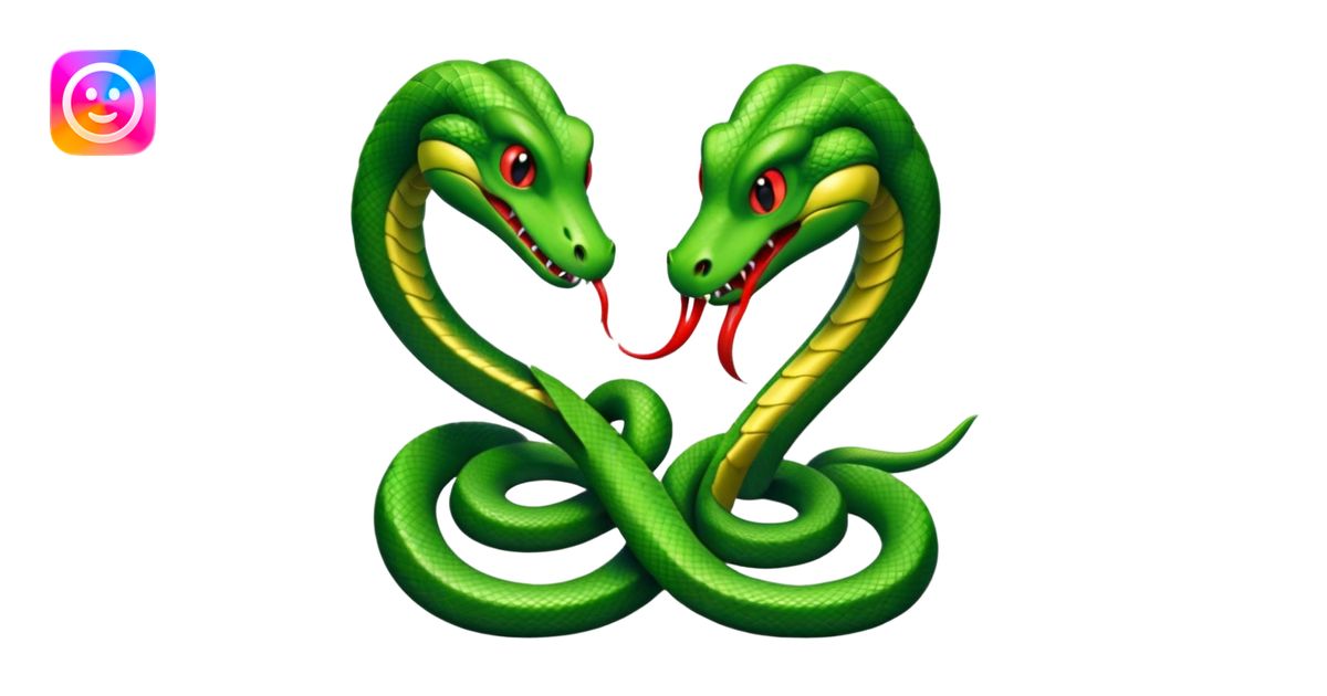 Two angry looking green snakes, tangled up at their tails, facing each ...