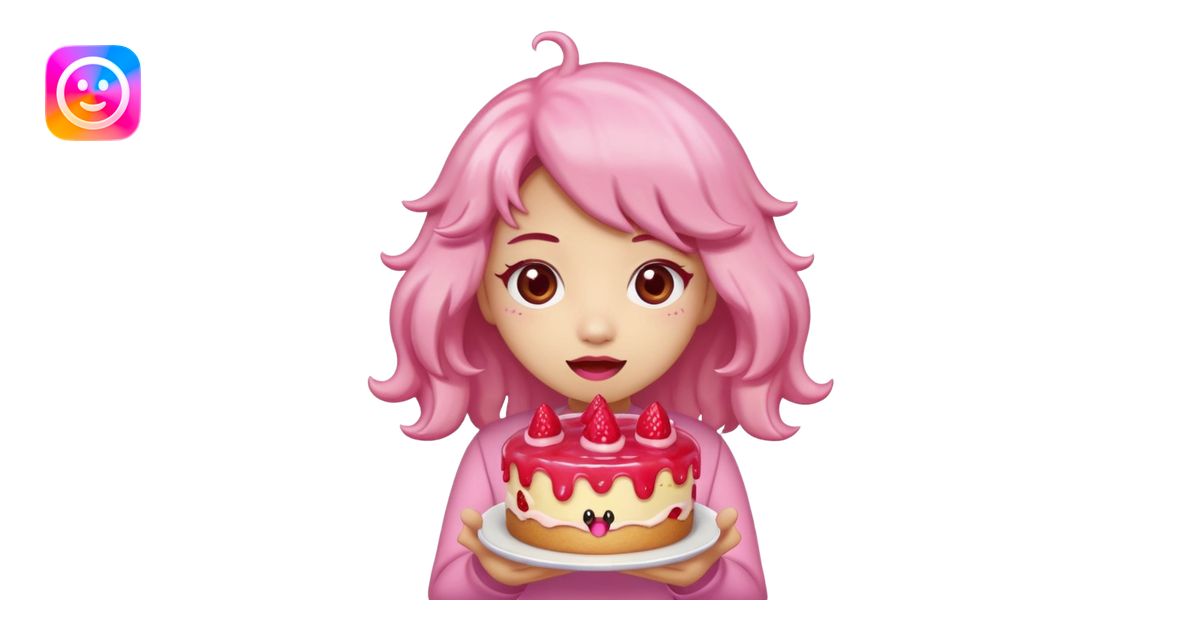 kawaii woman holding pink runny gooey strawberry jam monster cake emoji ...