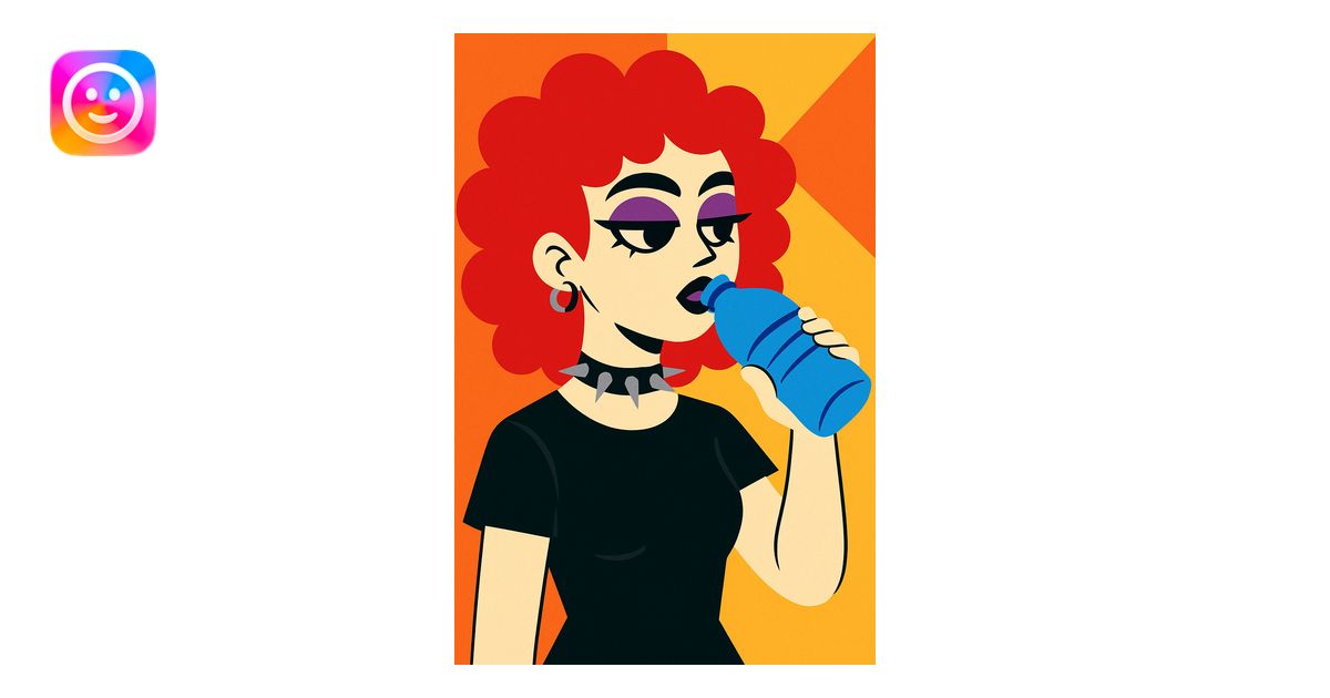 goth girl with red cherry curly hair drinking water illustration | AI ...