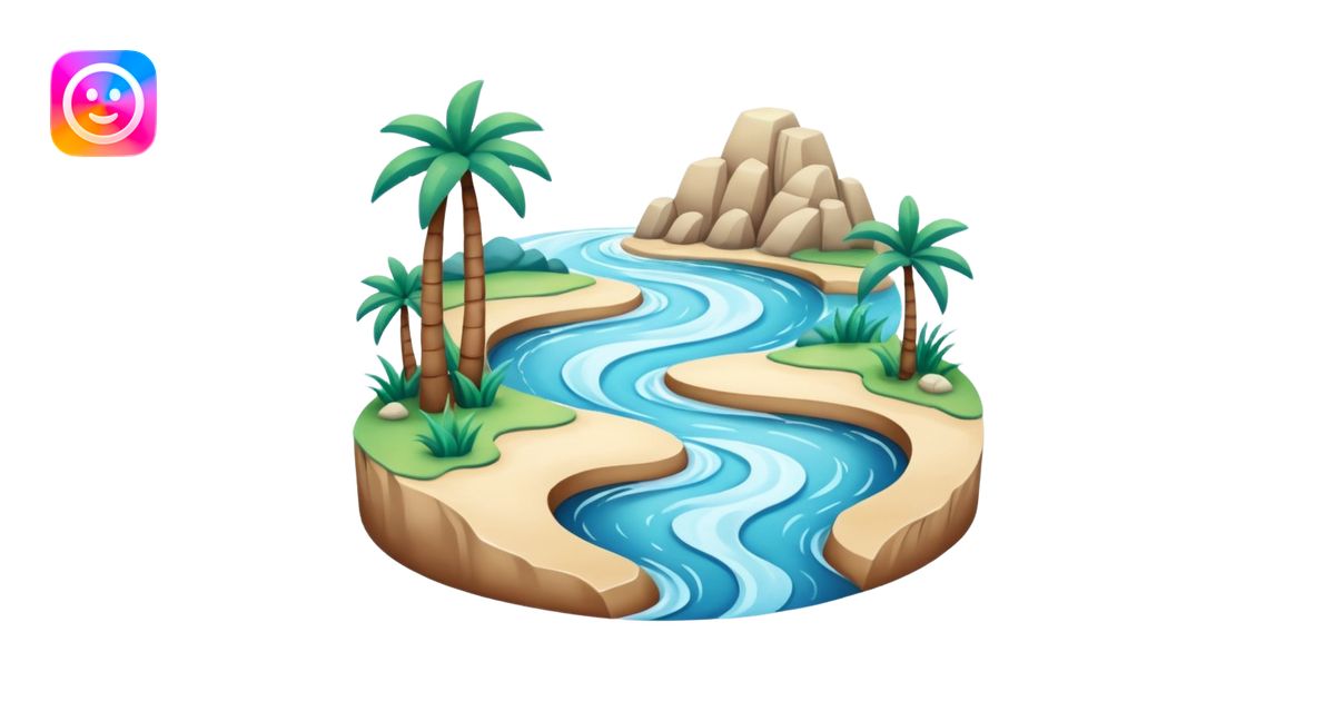 A 3D cartoon estuary where a river flows into the ocean, visible water ...