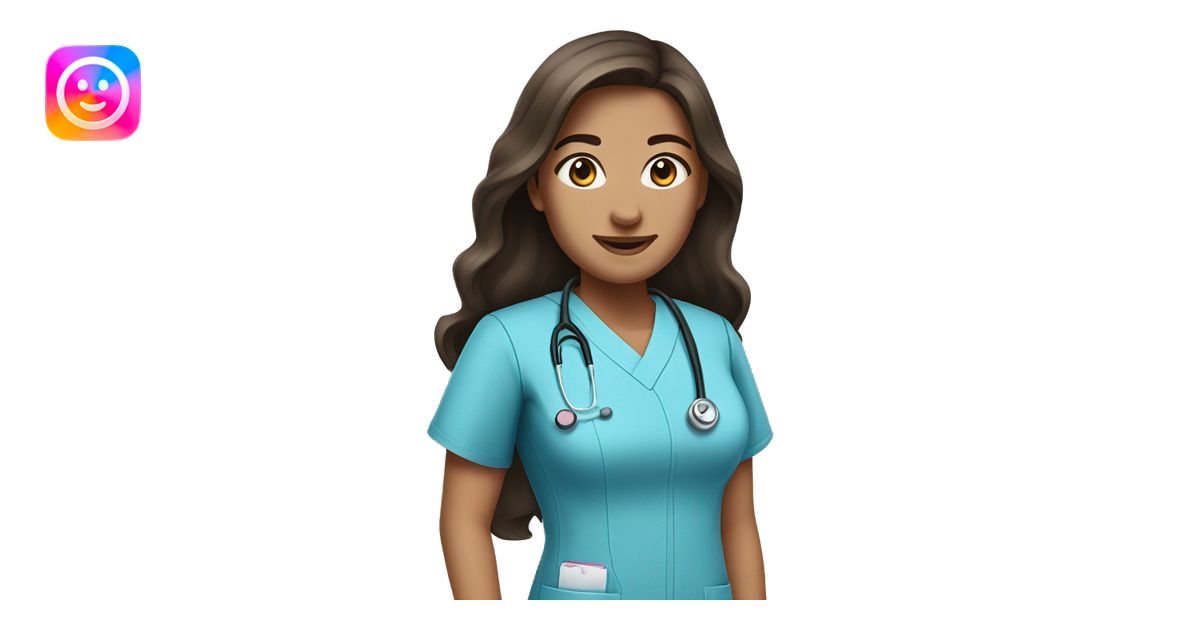 Nurse, woman, long brunette hair, pink scrubs emoji | AI Emoji Generator