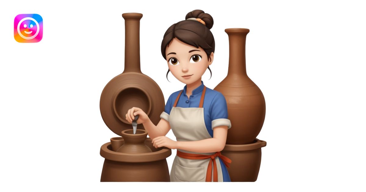 Brunette girl with bun, behind pottery wheel emoji | AI Emoji Generator