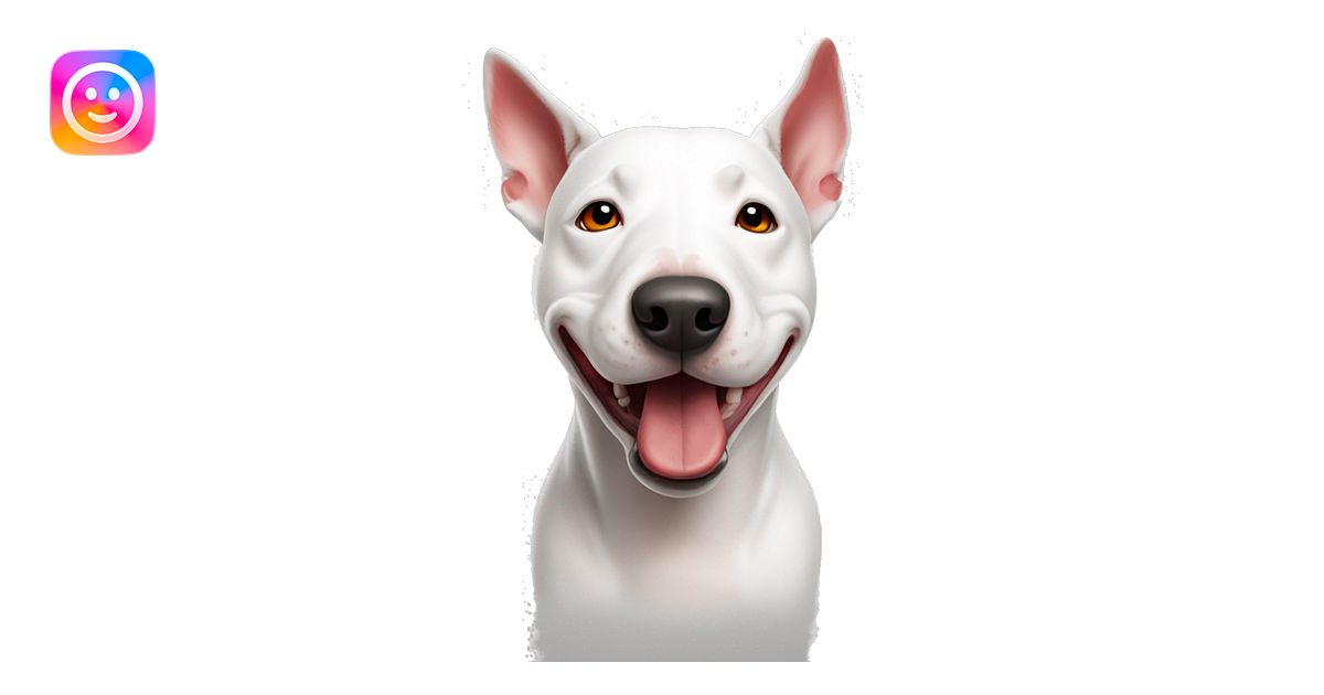 A white bull terrier dog with red and white target on the eye emoji ...