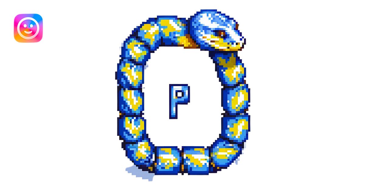 pixel art version of the Python logo, with a blue and yellow palette and a coiled snake forming ...