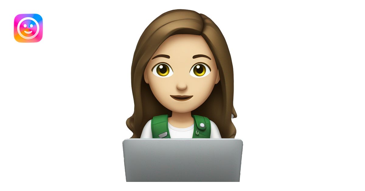 Female coder featuring a laptop. She has long brunette hair, green eyes, white skin. emoji | AI ...