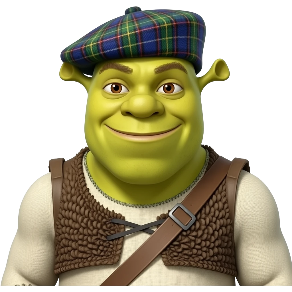 Shrek with tartan tweed cap and muscles in a Jacobite outfit smiling ...