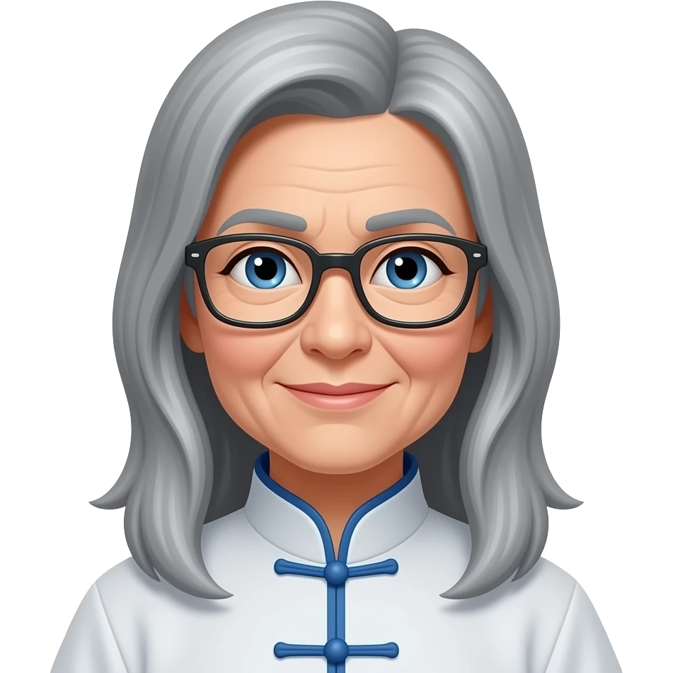 60 years taichi lady medium-long gray hair blue eye and glass emoji ...