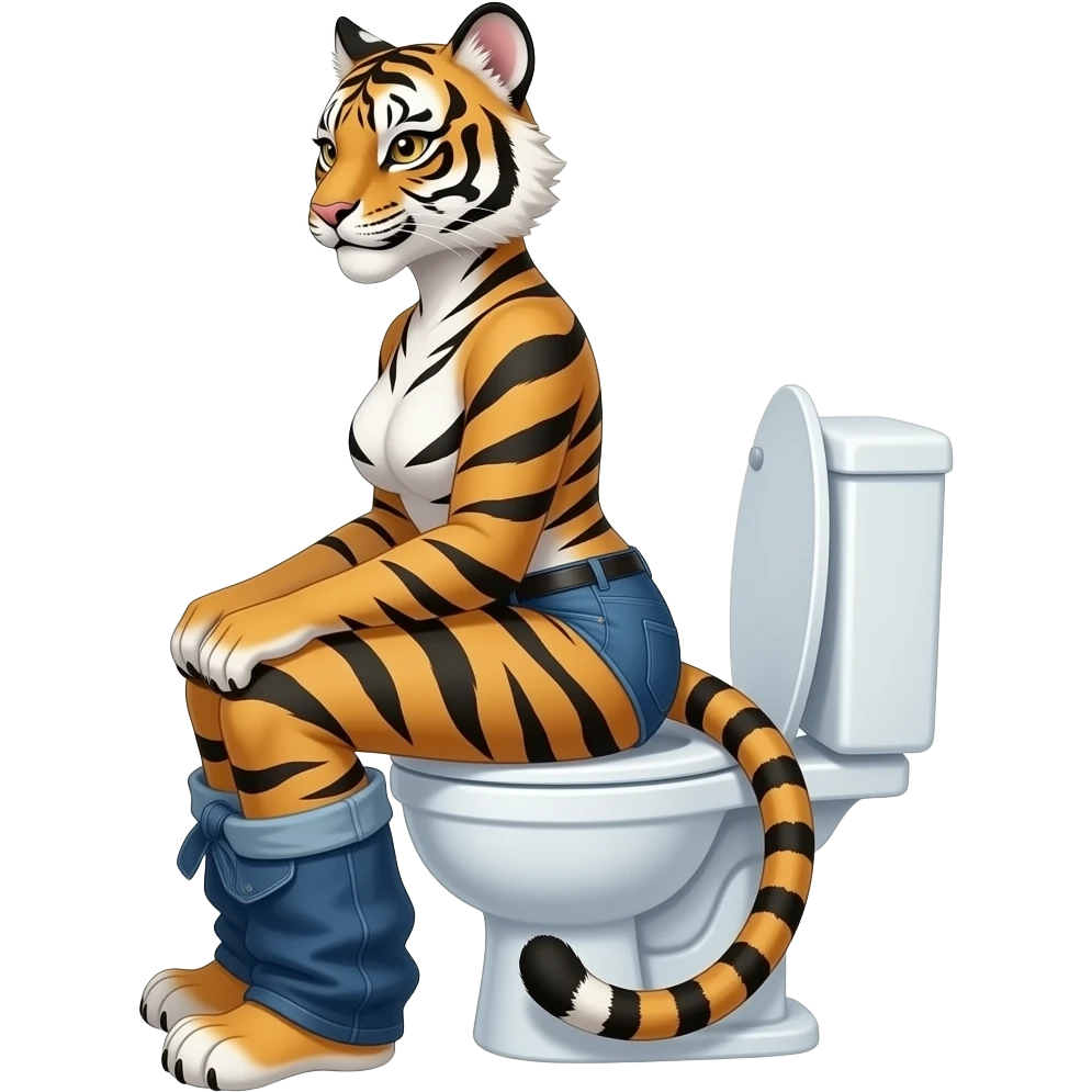 Female tiger furry person woman sitting on toilet pants of,side view ...