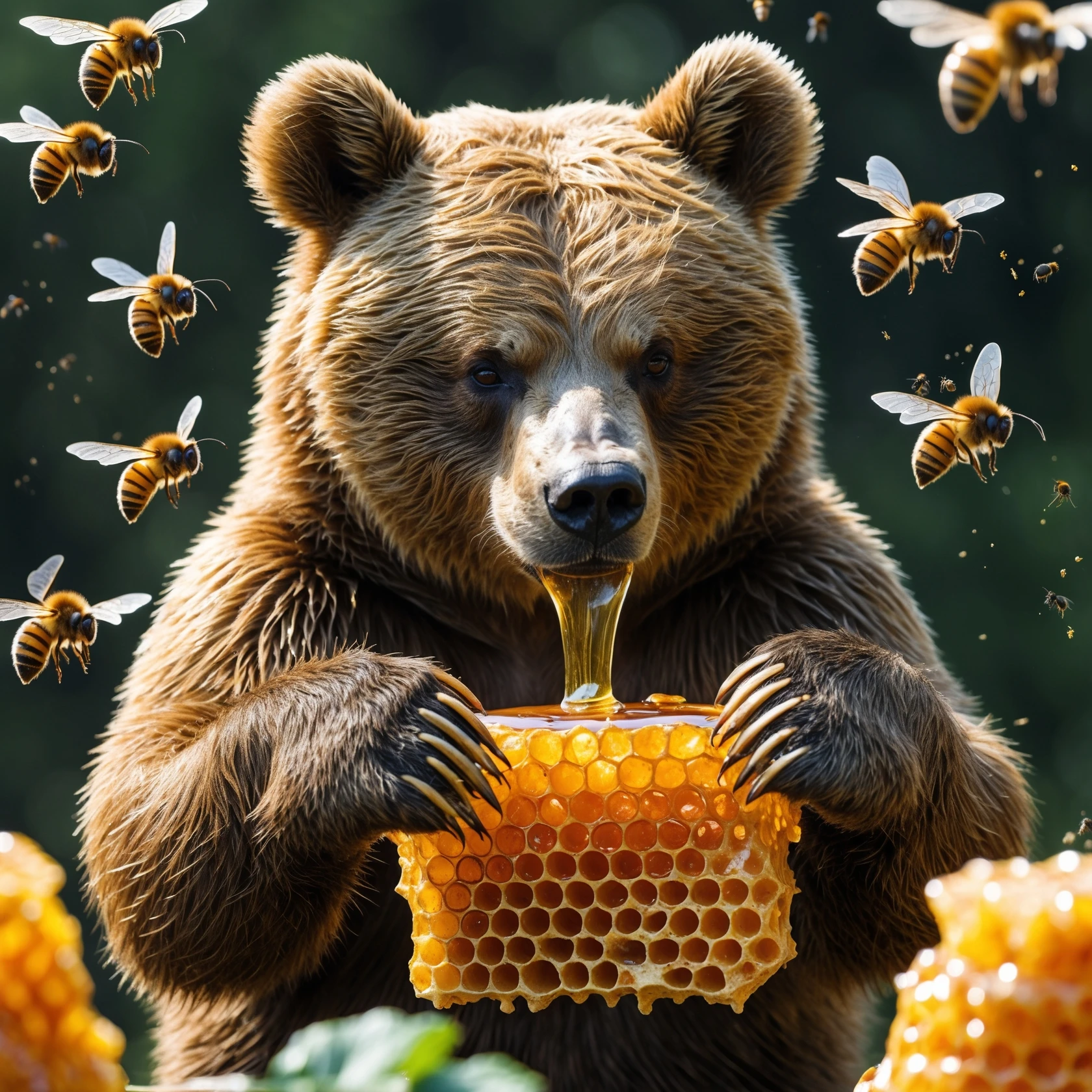 bear eating honeycomb with bees flying around emoji | AI Emoji Generator