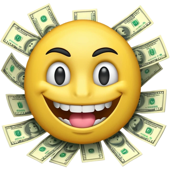 3D glossy emoji sticker, dollar-sign eyes, huge toothy grin, mouth ...
