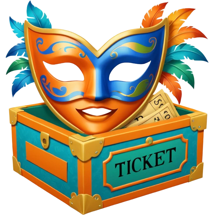 a box and a carnival mask in orange, blue and green with tickets as a ...