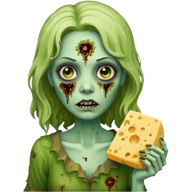 woman zombie holding moldy cheese piece emoji | AI Emoji Generator