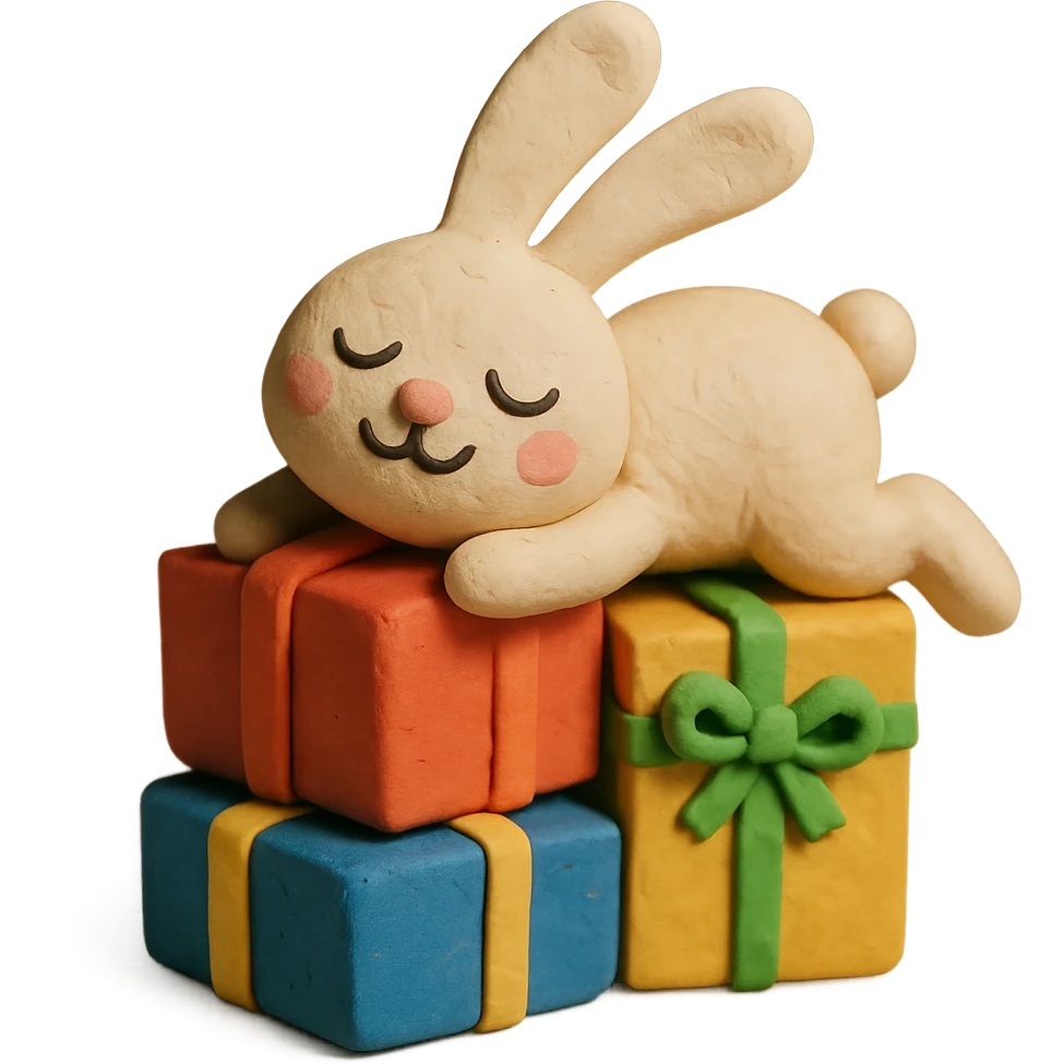 bunny lying on birthday gifts, sleepy and happy smile eyes, claymation ...