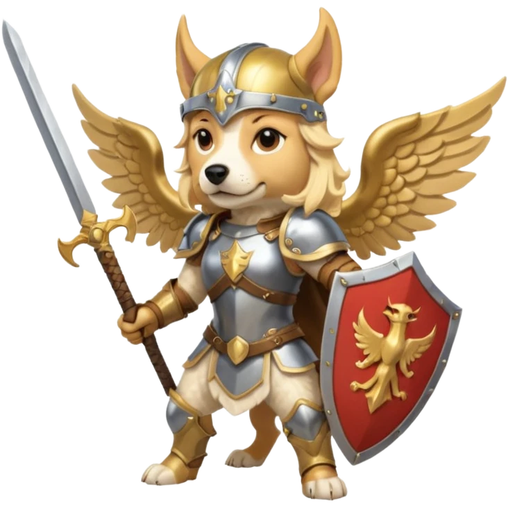 dog freya has sword and shield. she is a valkyrie and has wings ...