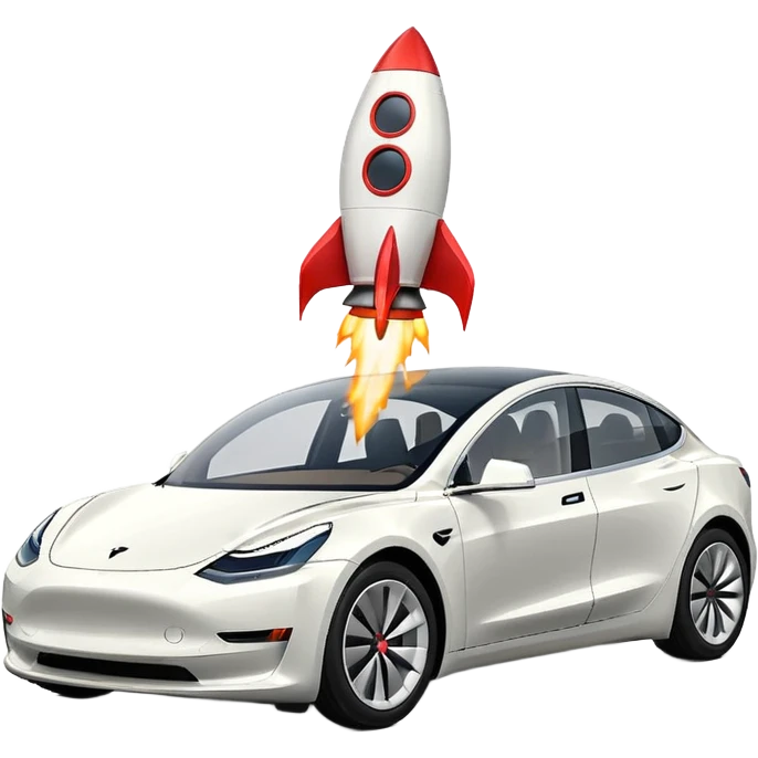 Tesla model 3 white. Icon. Rocket boost on roof emoji | AI Emoji Generator