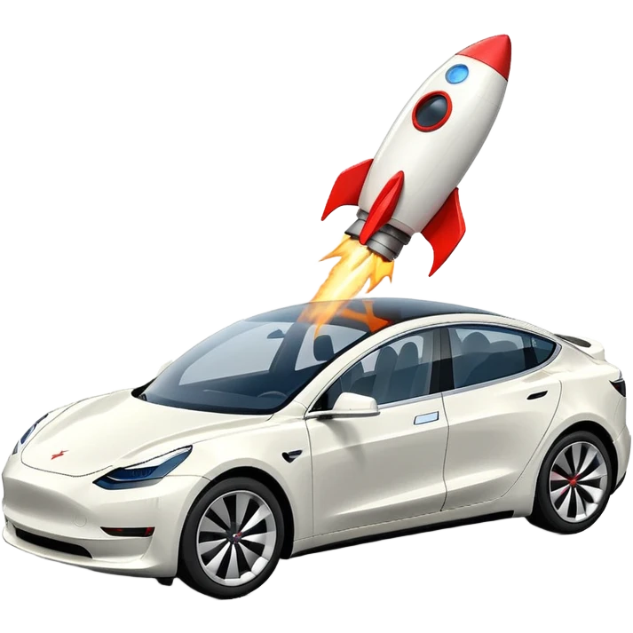Tesla model 3 white. Icon. Rocket boost on roof emoji | AI Emoji Generator
