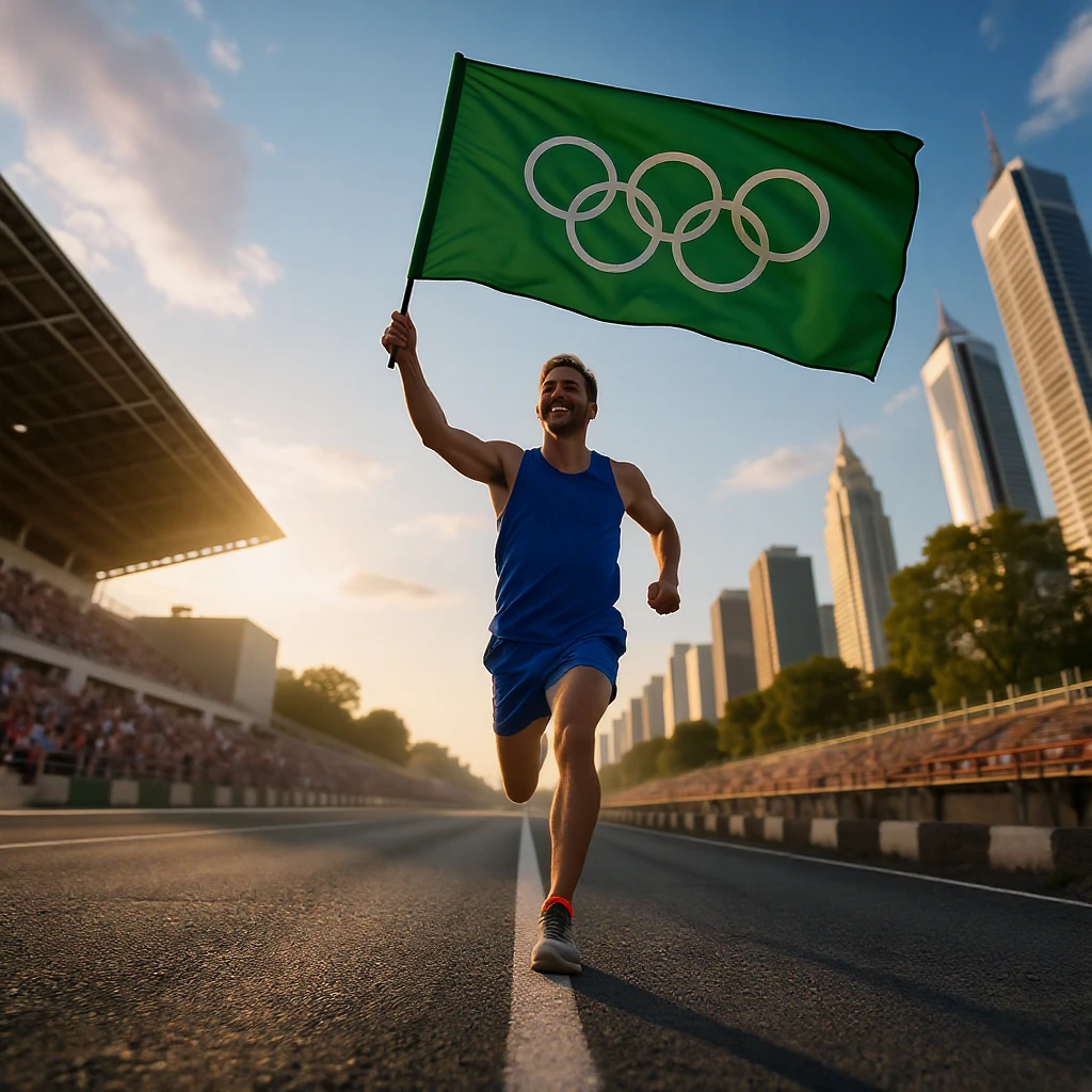 happy runner waving a flag of olypmic emoji | AI Emoji Generator