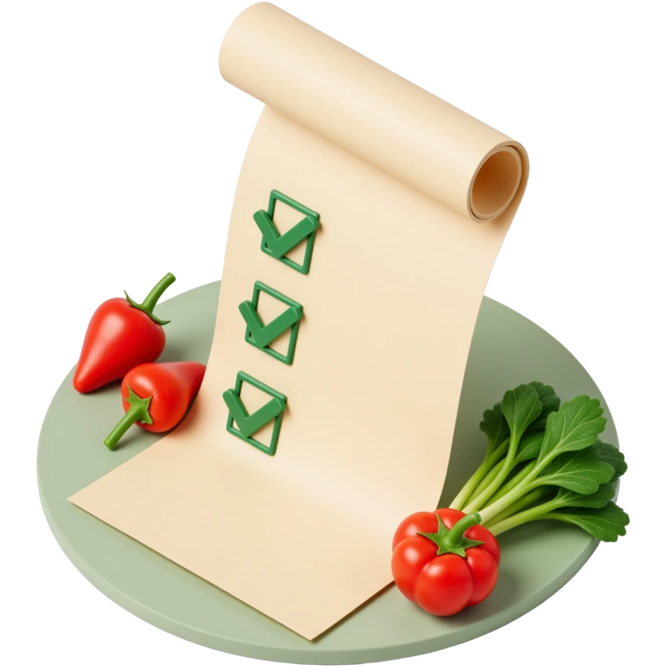 floating rolled paper list with green checkboxes and around vegetables ...