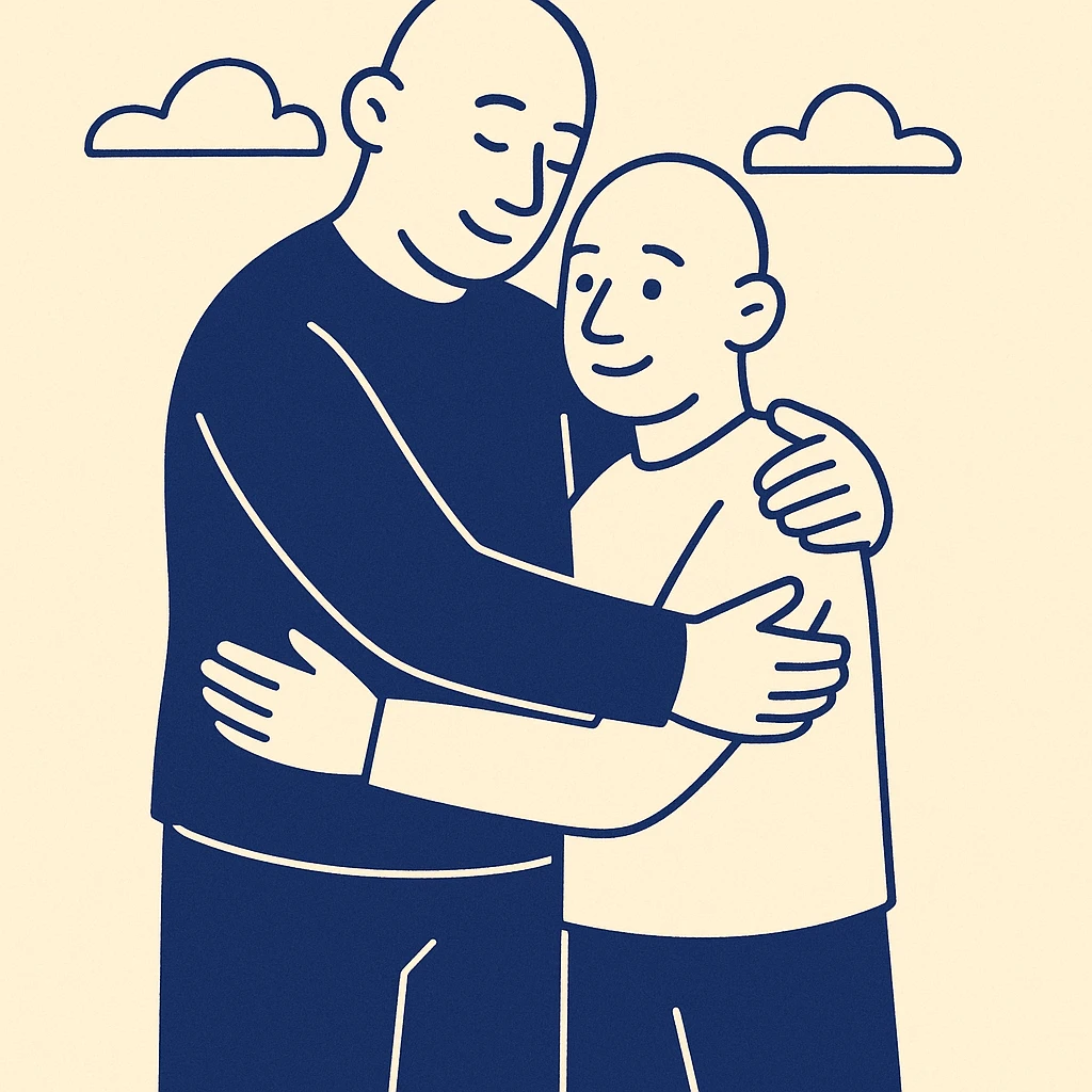 two bald men of different heights hugging, modern flat illustration ...