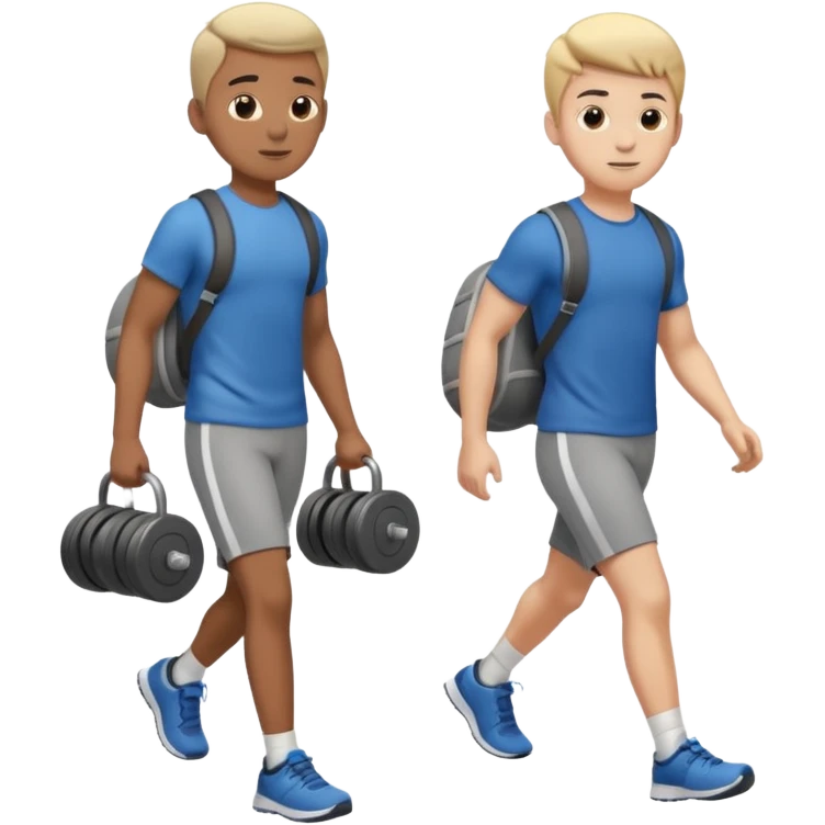 two boys walking, wearing gym clothes and carrying gym equipment, full ...