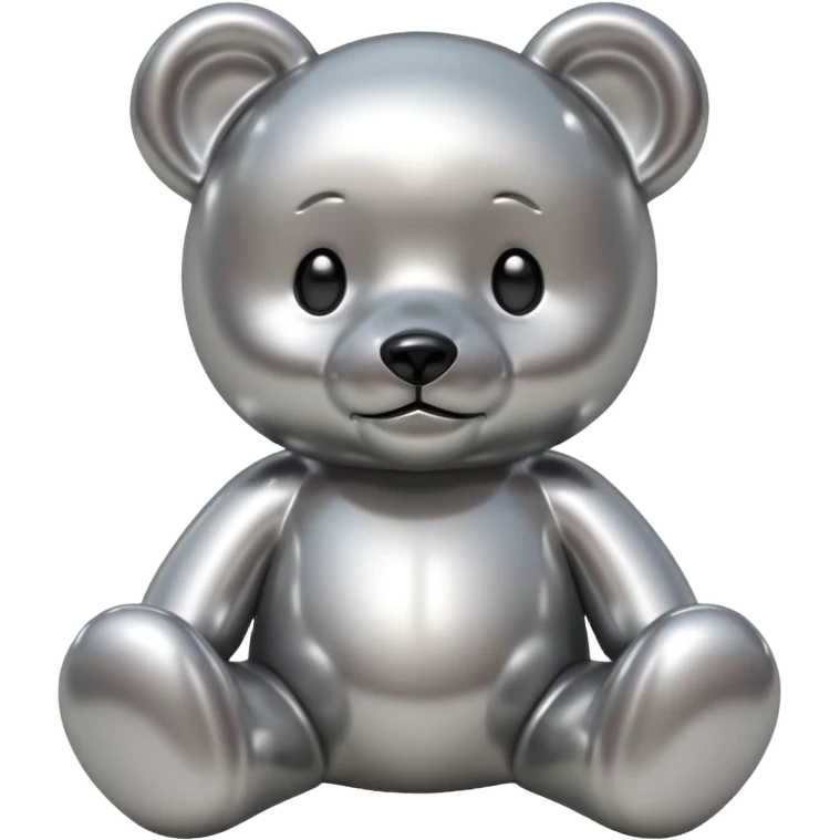 A cute teddy bear emoji made of liquid silver chrome, smooth rounded ...